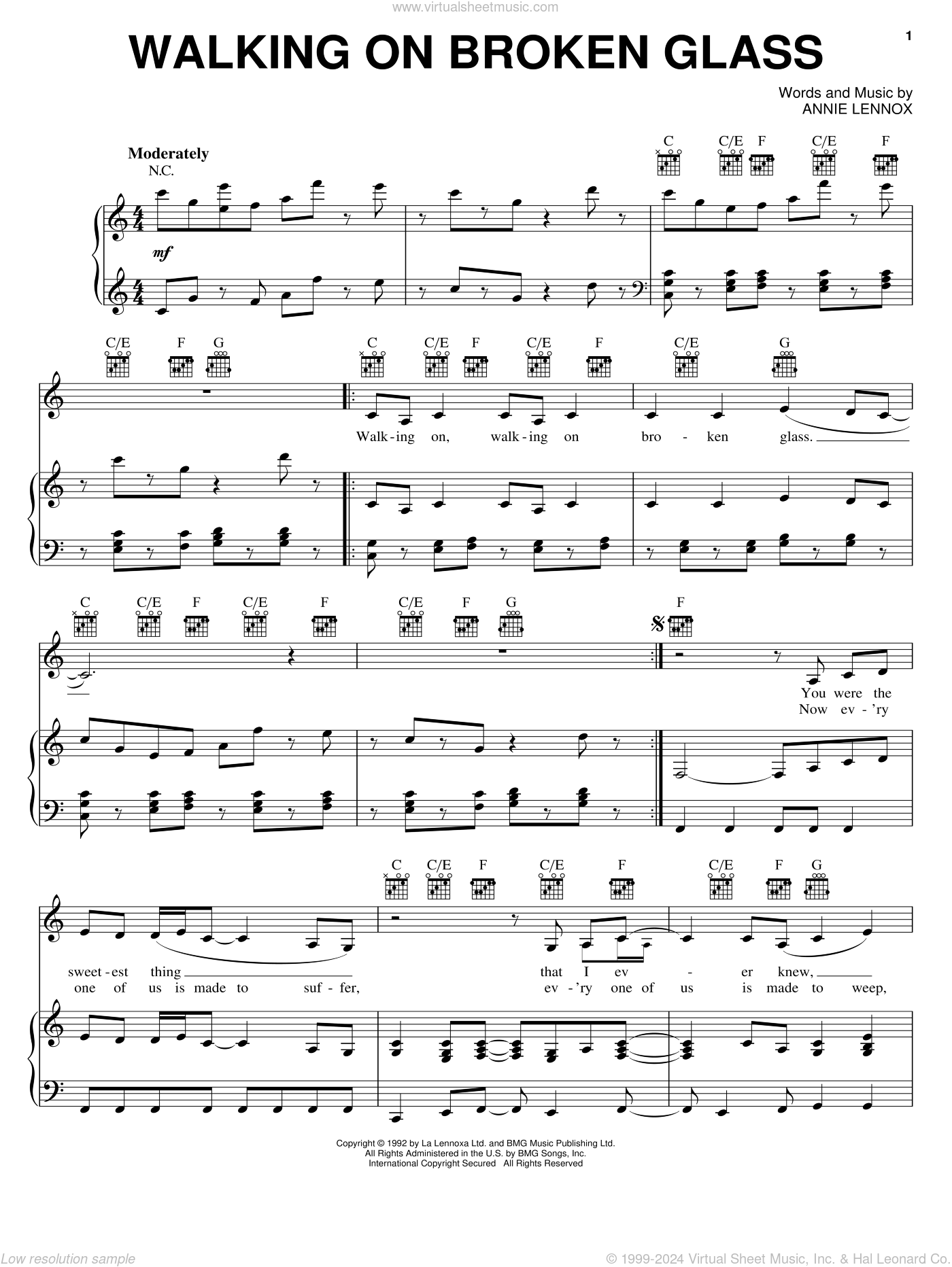 Walking On Broken Glass sheet music for voice, piano or guitar