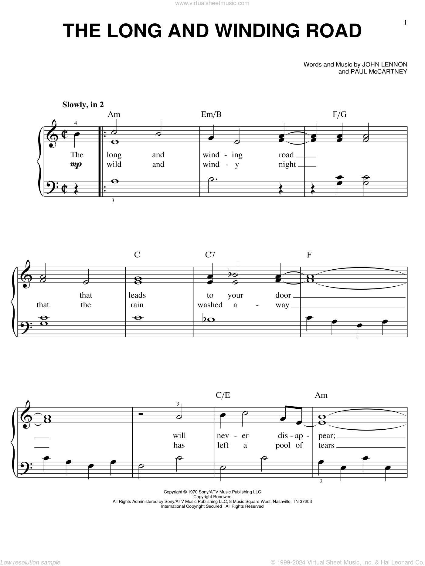 The Long And Winding Road, (easy) sheet music for piano solo
