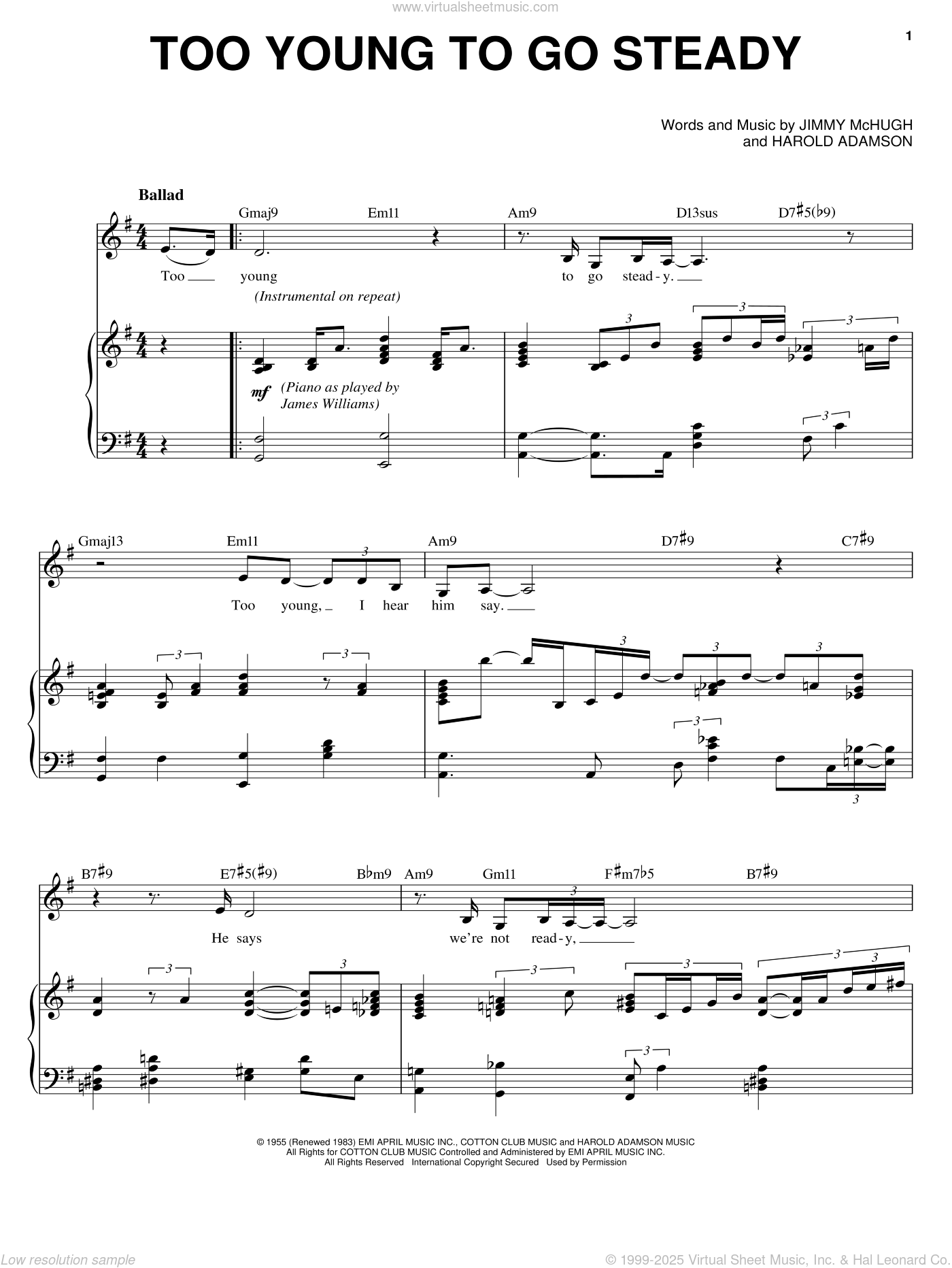 Too Young To Go Steady sheet music for voice, piano or guitar