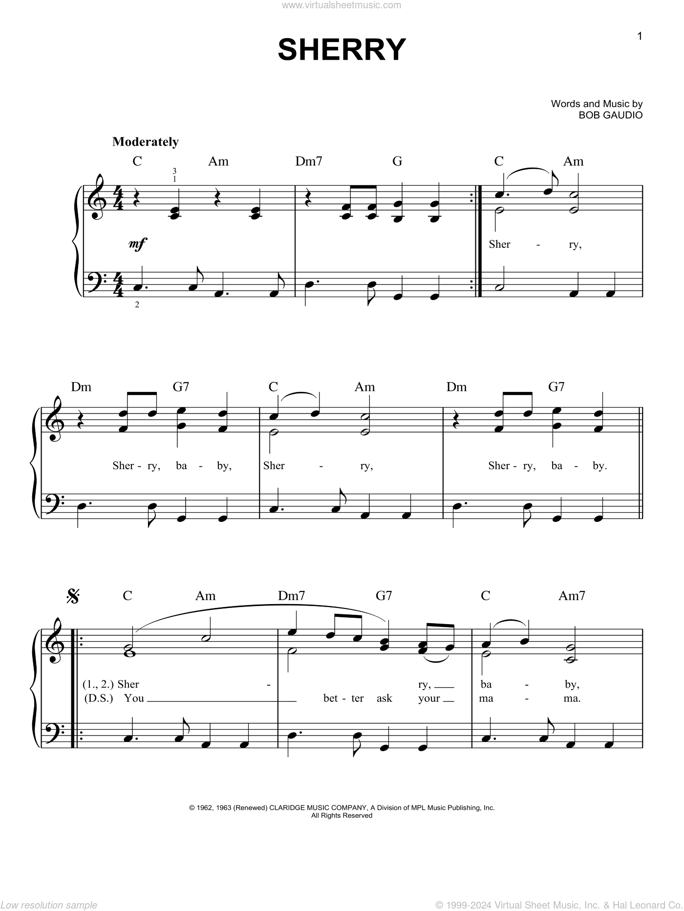 Sherry sheet music for piano solo (PDF-interactive)