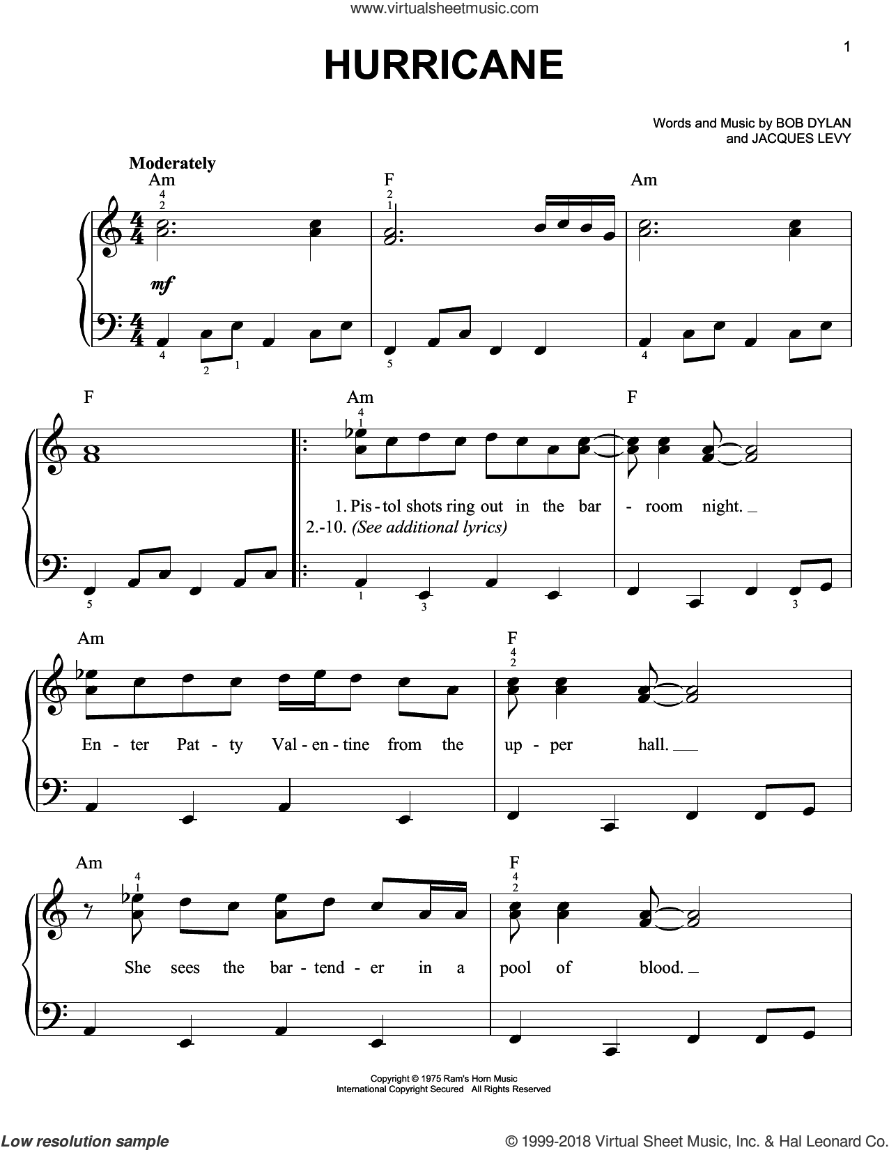 Hurricane, (easy) sheet music for piano solo (PDF-interactive)