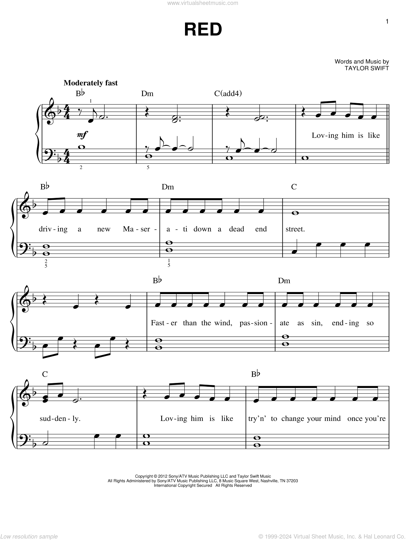 Red, (easy) sheet music for piano solo (PDF-interactive)