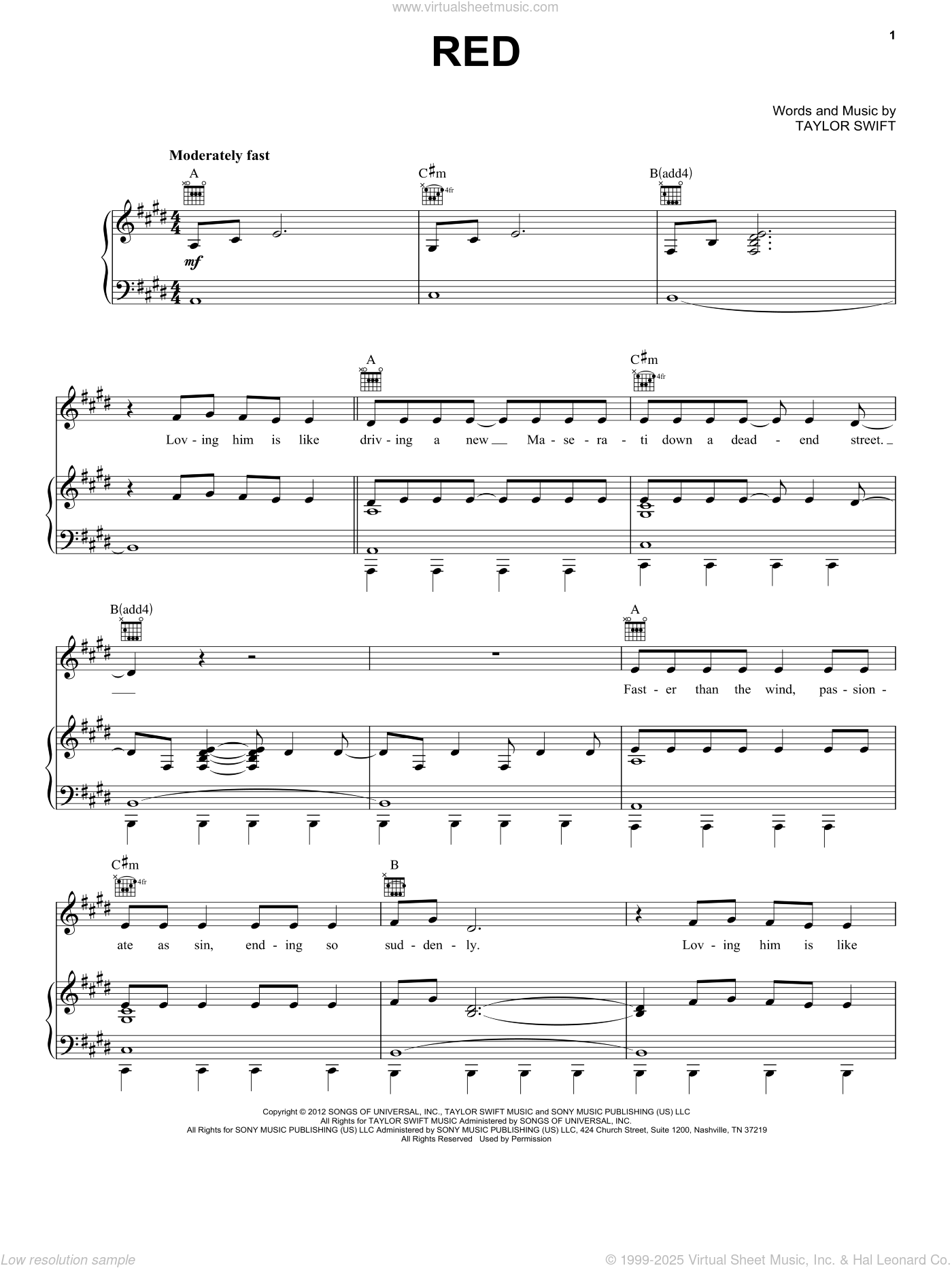 Red sheet music for voice, piano or guitar (PDF-interactive)