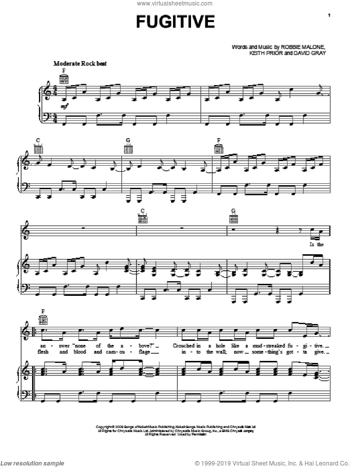 Fugitive sheet music for voice, piano or guitar (PDF-interactive)
