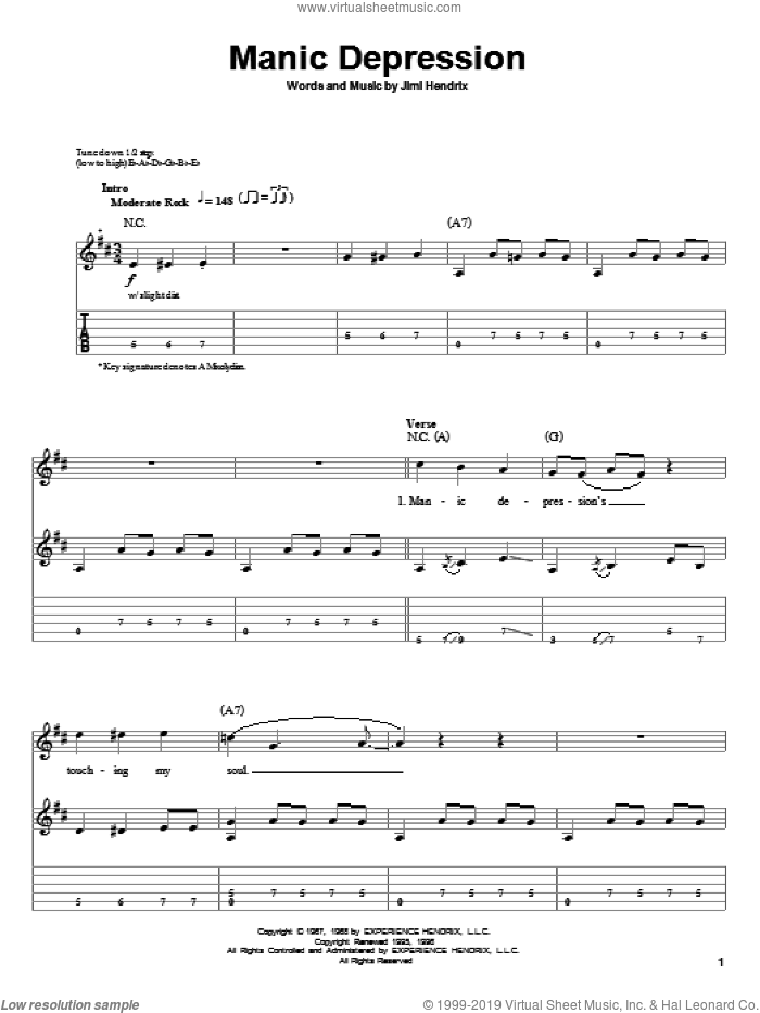 Manic Depression sheet music for guitar (tablature, play-along) v2