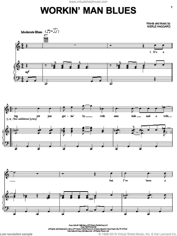 Workin' Man Blues sheet music for voice, piano or guitar (PDF)