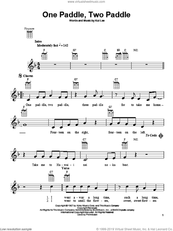 Kui Lee: One Paddle, Two Paddle sheet music for ukulele (PDF)