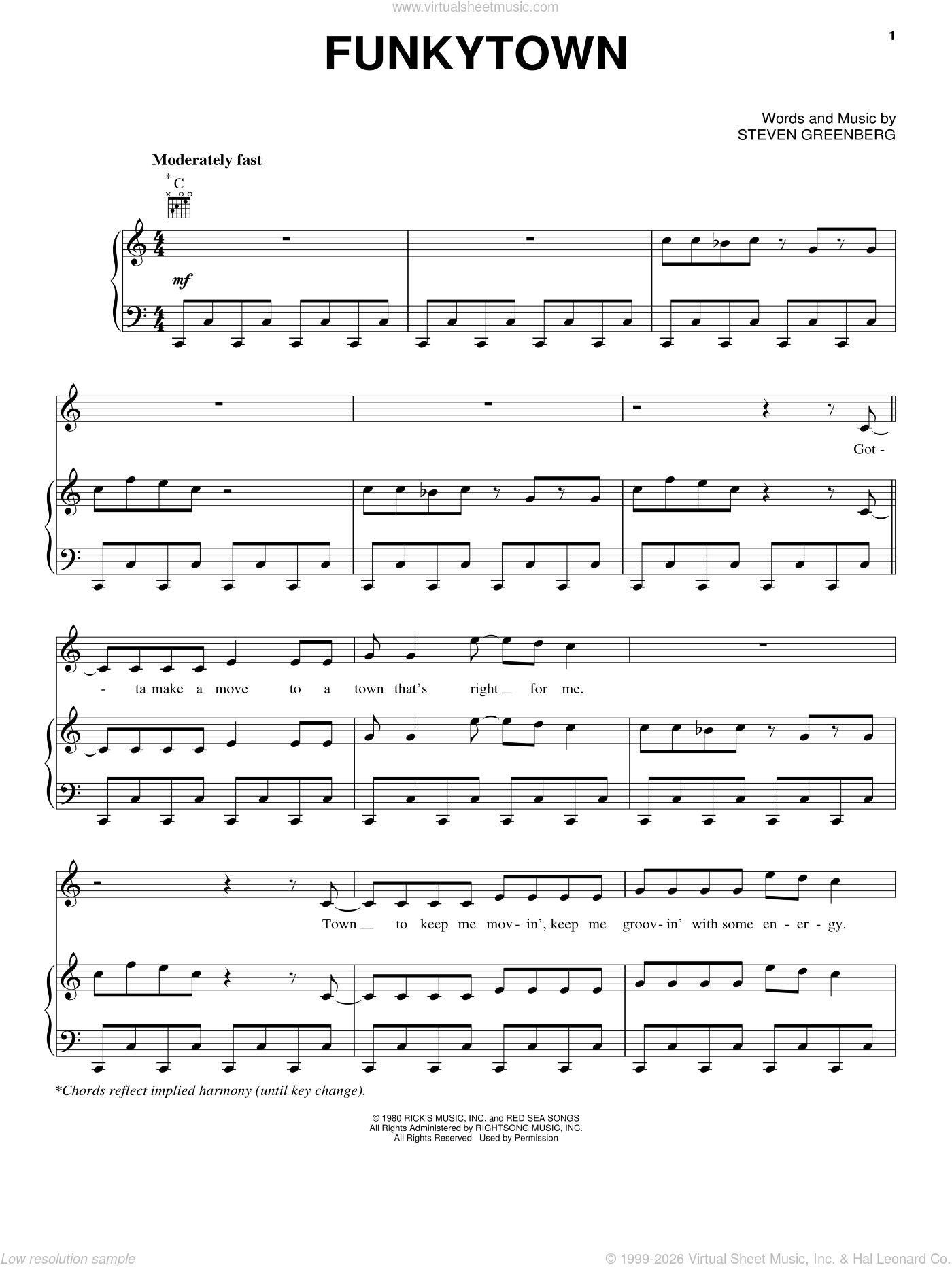 Funkytown sheet music for voice, piano or guitar (PDF)