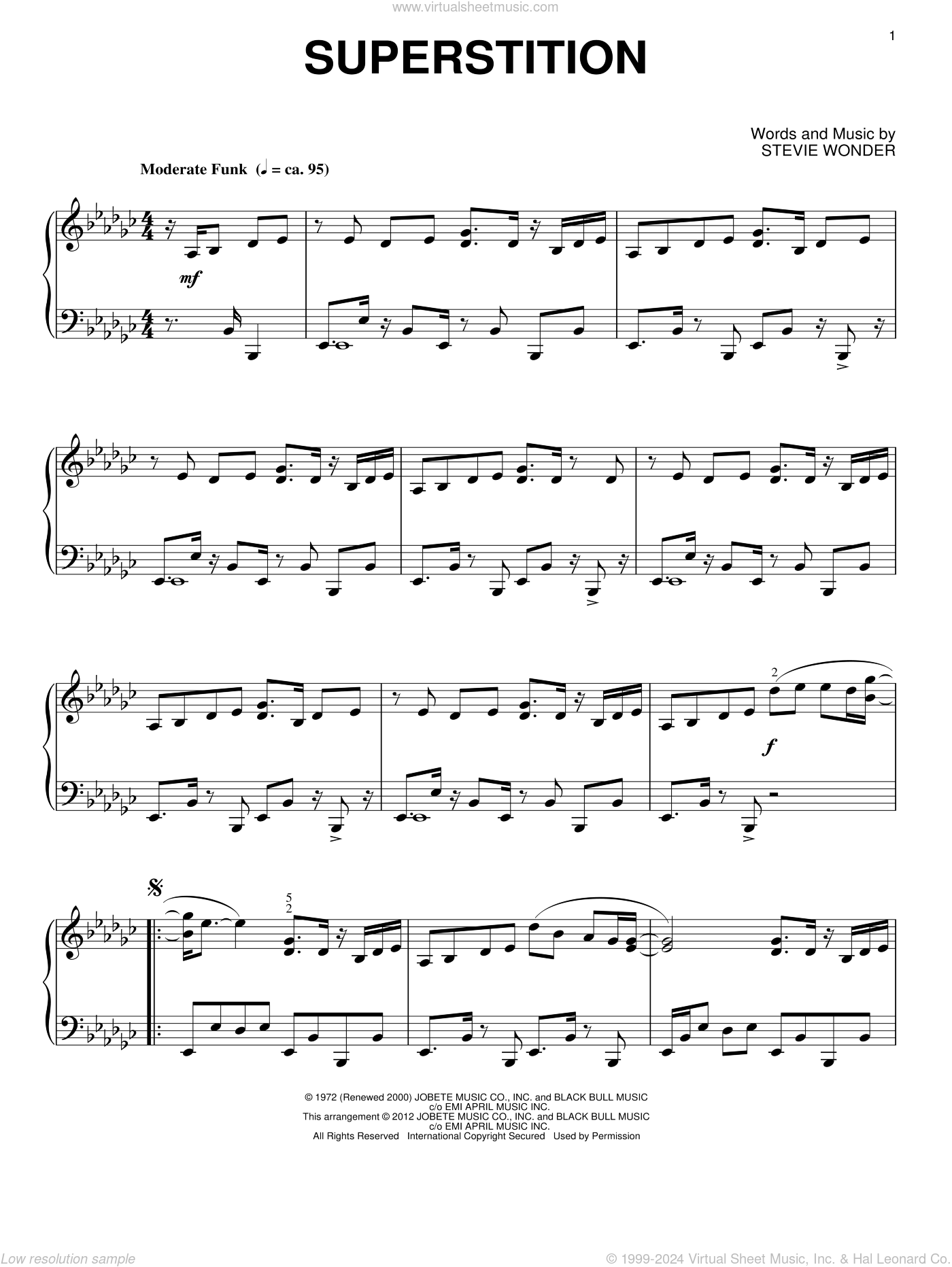 Superstition, (intermediate) sheet music for piano solo (PDF)