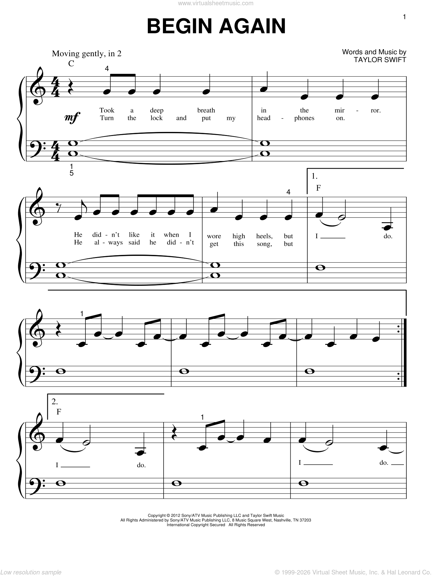 Begin Again sheet music for piano solo (big note book) (PDF)