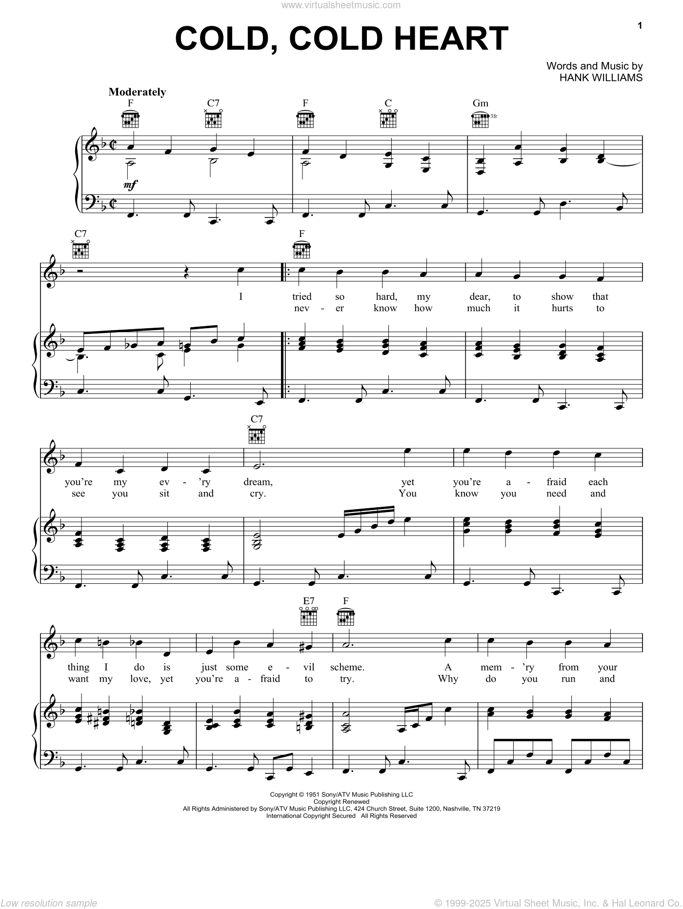 Hank Williams: Cold, Cold Heart sheet music for voice, piano or guitar