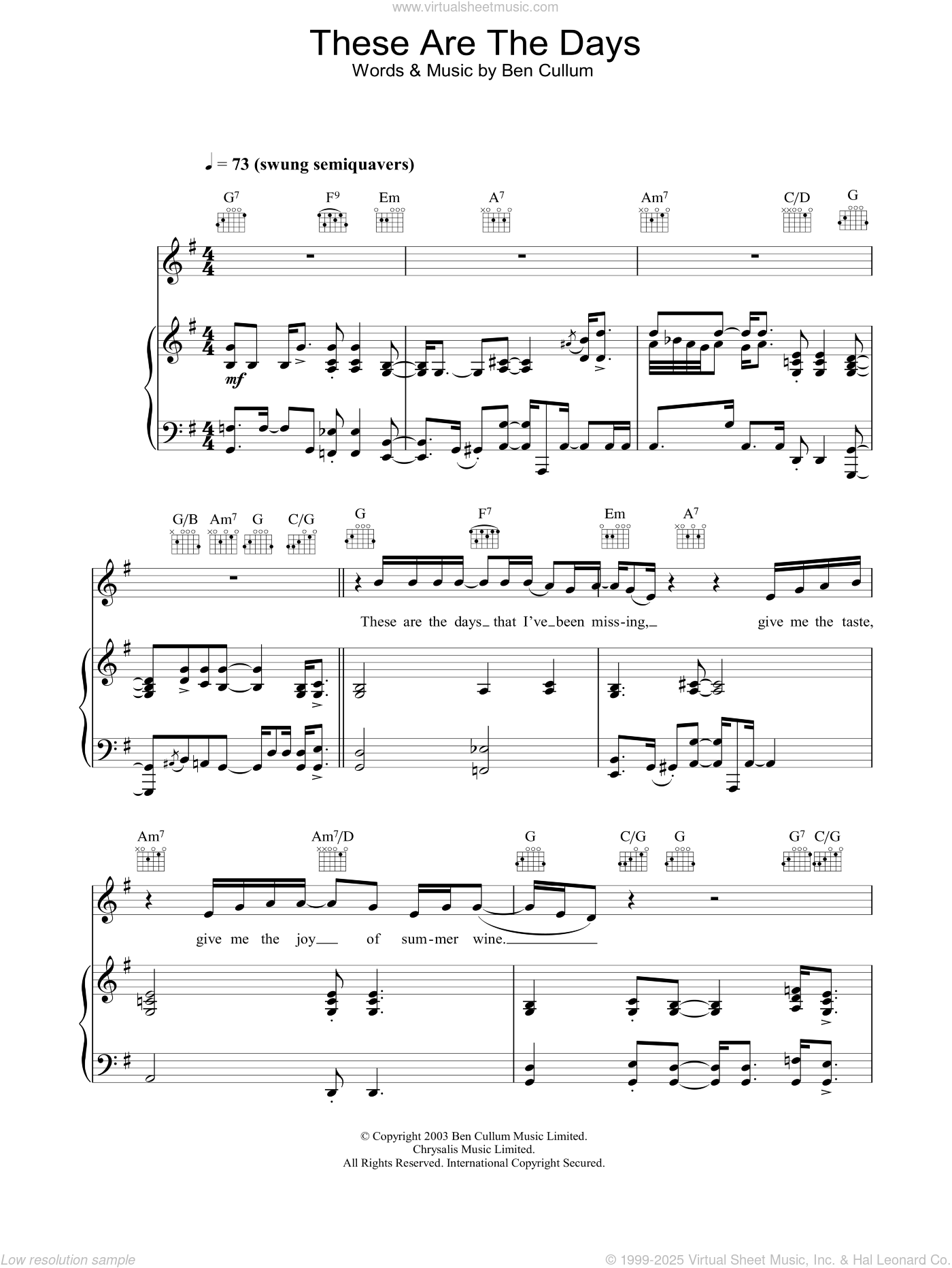 These Are The Days sheet music for voice, piano or guitar v2