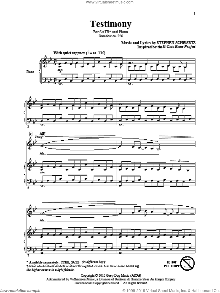 Testimony sheet music for choir (SATB: soprano, alto, tenor, bass)