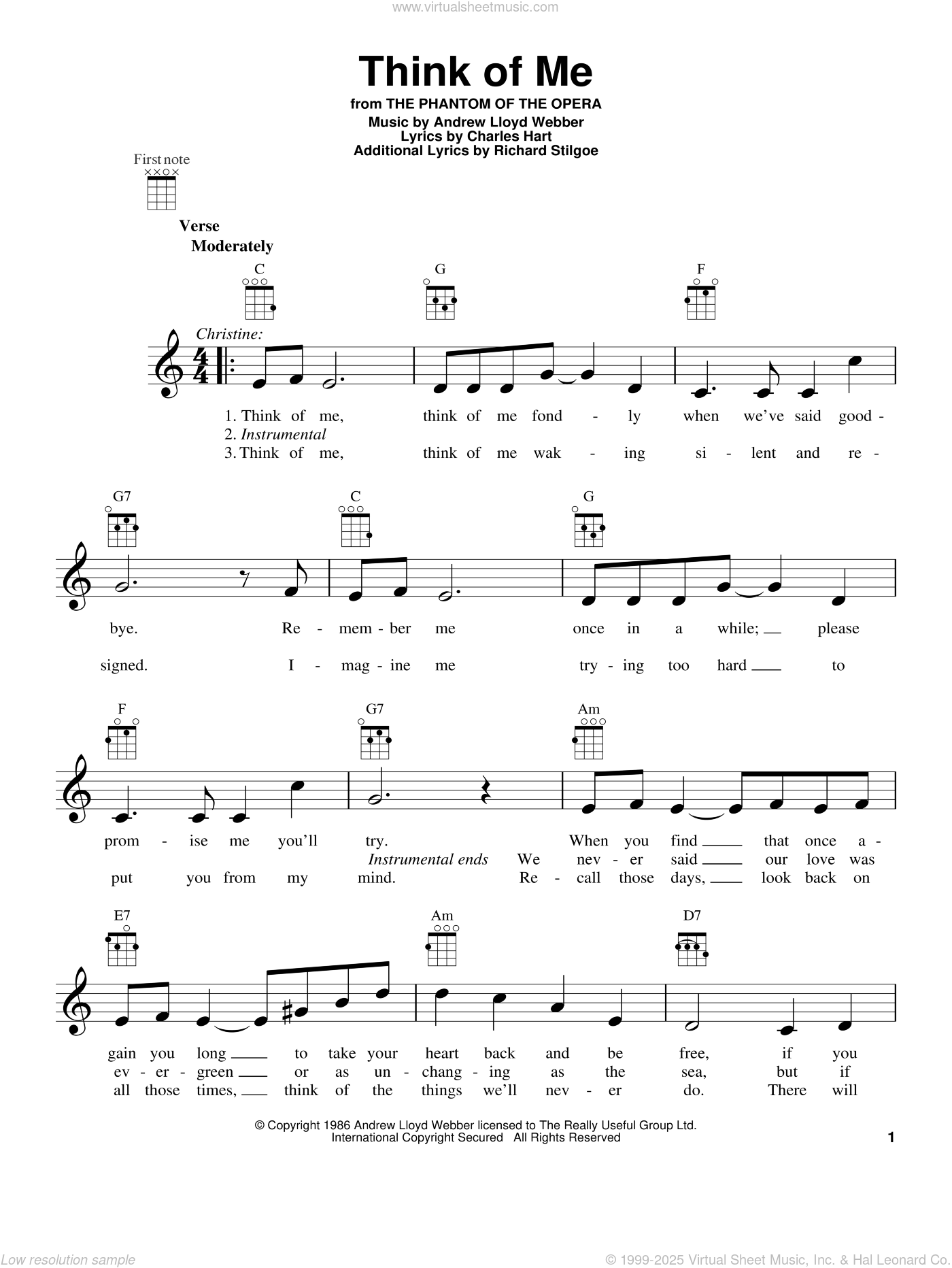 Think Of Me (from The Phantom Of The Opera) sheet music for ukulele