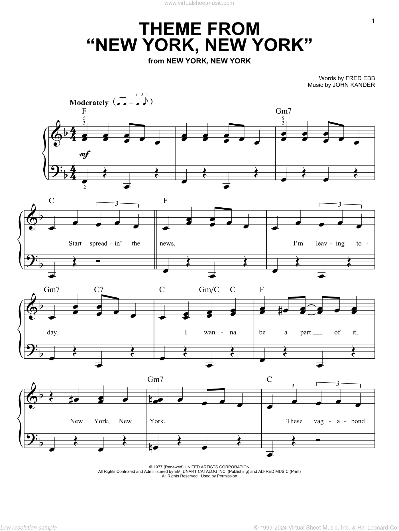Theme From "New York, New York", (easy) sheet music for piano solo