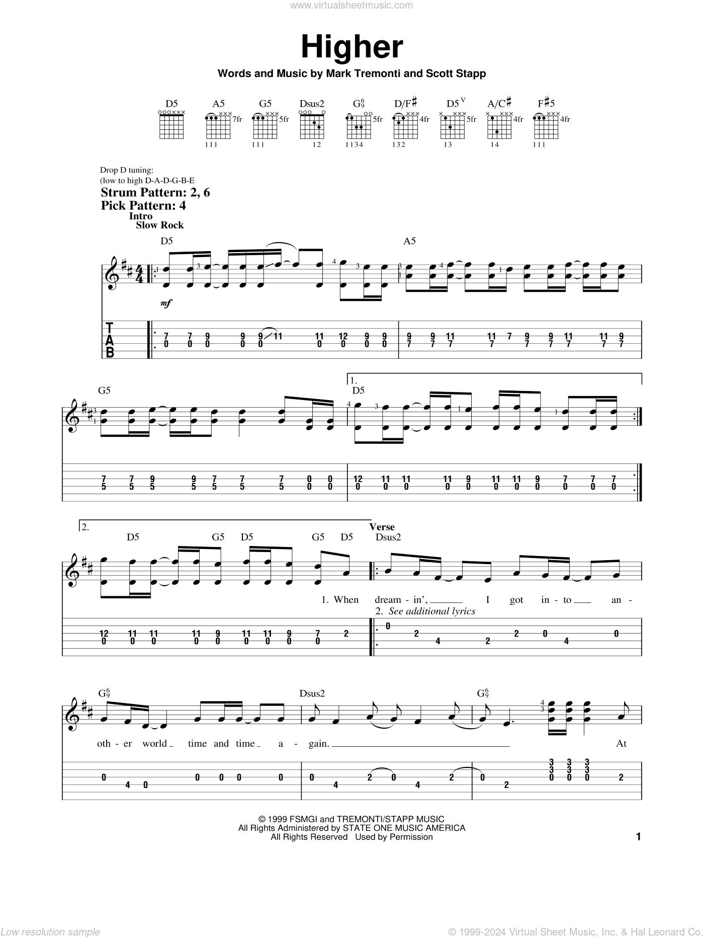 Higher sheet music for guitar solo (easy tablature) (PDF)