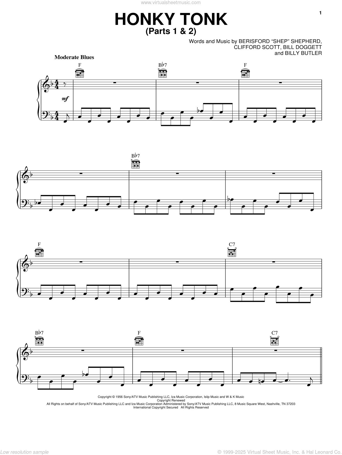 Honky Tonk (Parts 1 and 2) sheet music for voice, piano or guitar