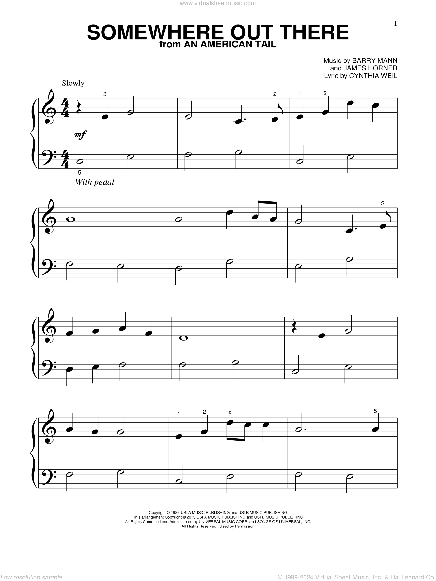 Somewhere Out There, (beginner) sheet music for piano solo (PDF)