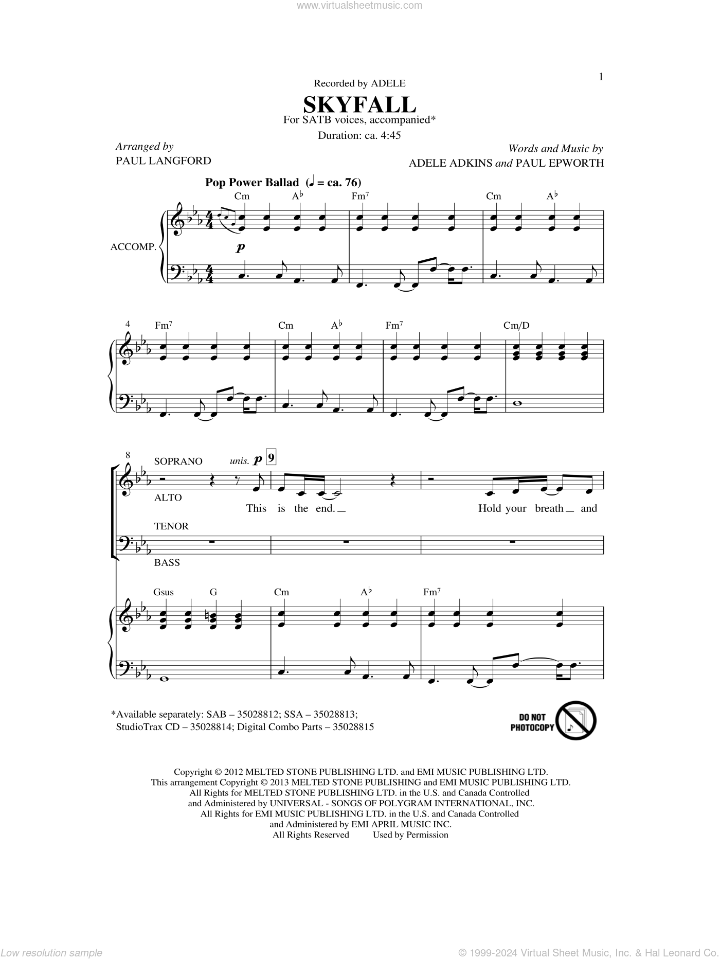 Skyfall (arr. Paul Langford) sheet music for choir (SATB: soprano, alto ...