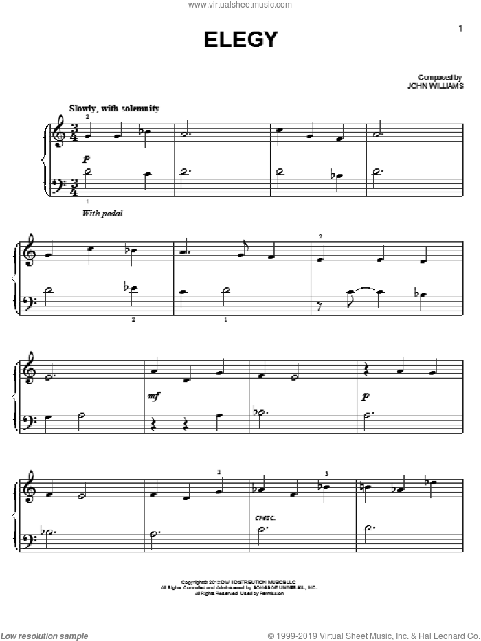 John Williams: Elegy sheet music for piano solo (PDF)