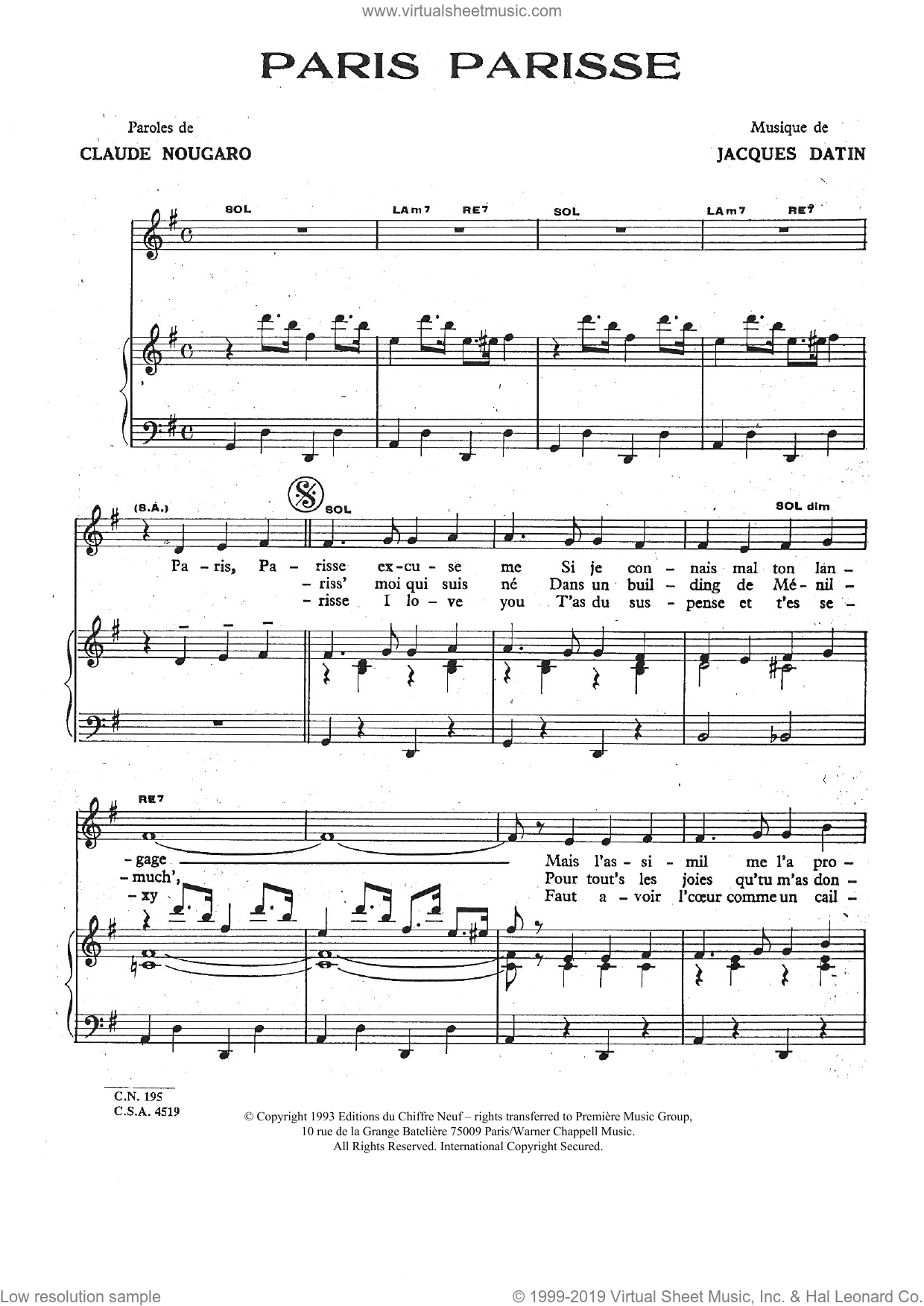 Paris Parisse sheet music for voice and piano (PDF)