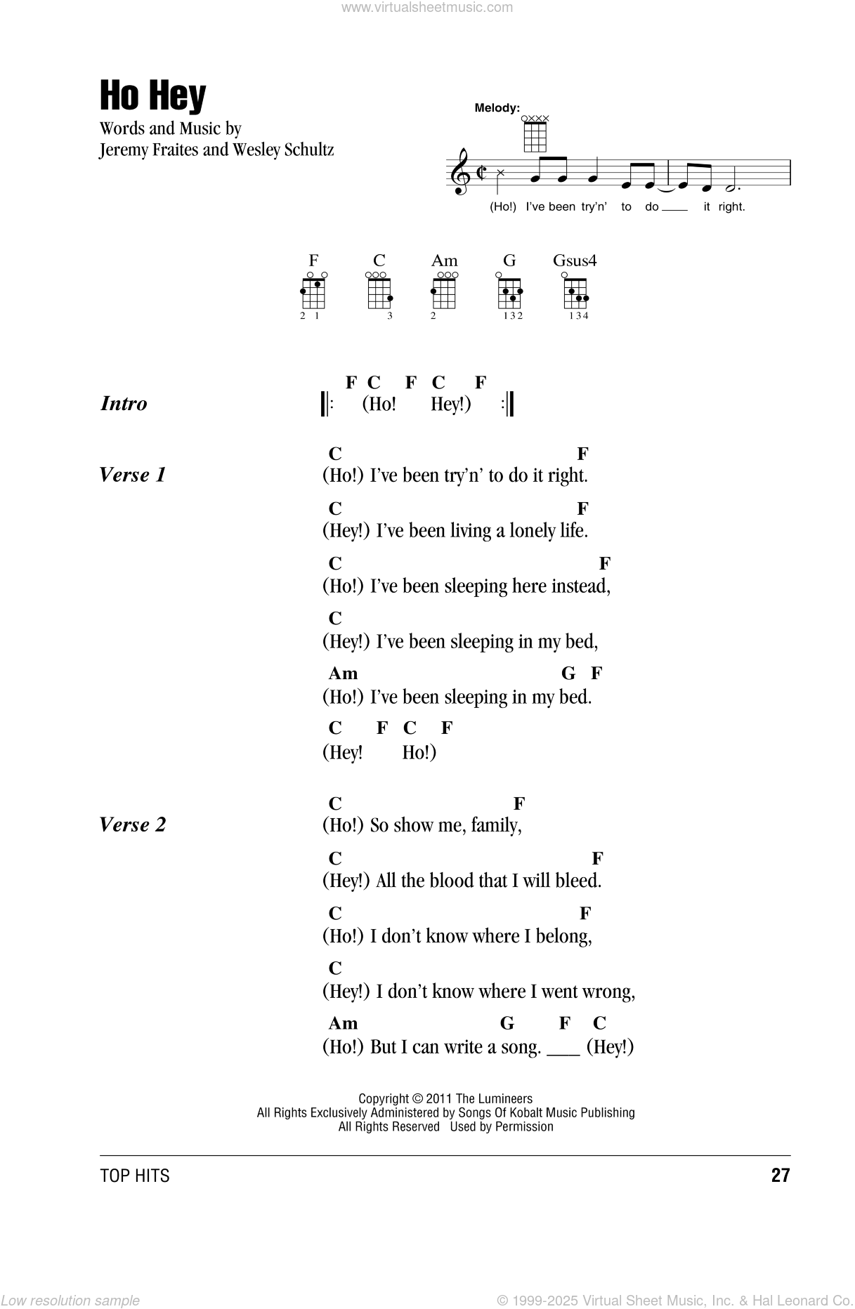Ho Hey sheet music for ukulele (chords) (PDF) v3