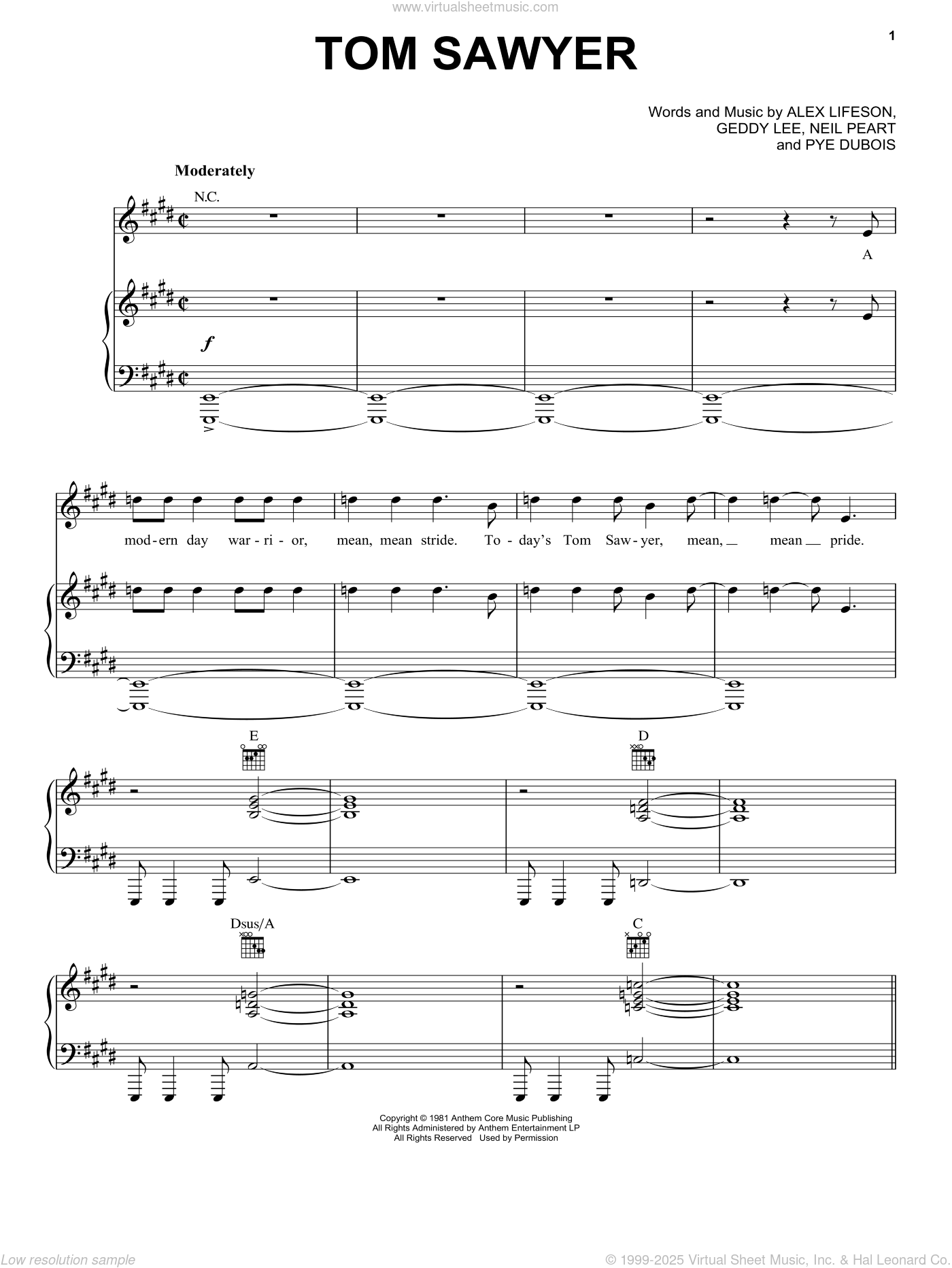 Tom Sawyer sheet music for voice, piano or guitar (PDF)