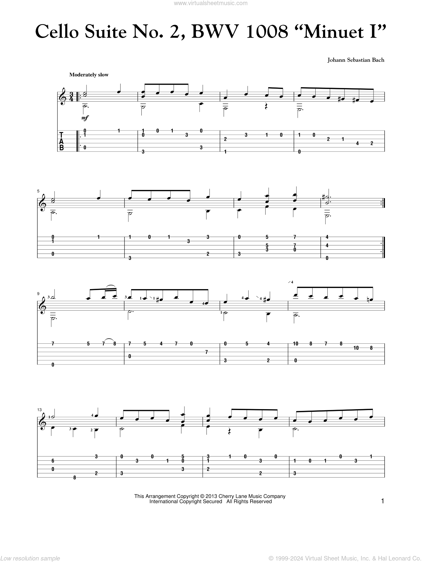 Bach - Cello Suite No. 2, BWV 1008 "Minuet I" sheet music for guitar solo