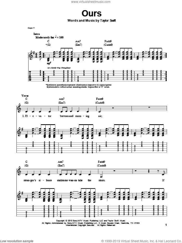 Ours sheet music for guitar (tablature, play-along) (PDF)