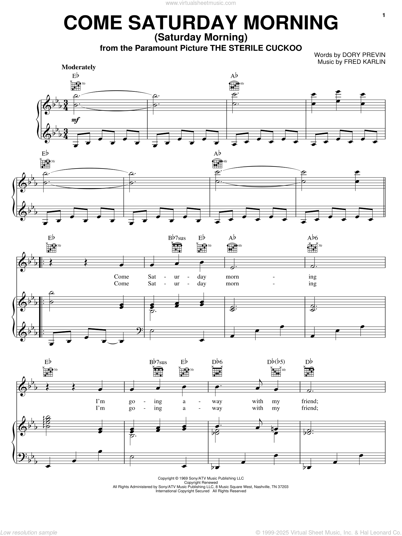 Come Saturday Morning (Saturday Morning) sheet music for voice, piano ...