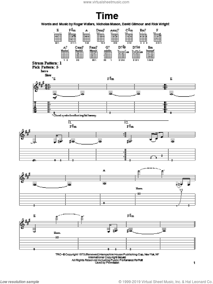 Time sheet music for guitar solo (easy tablature) (PDF)