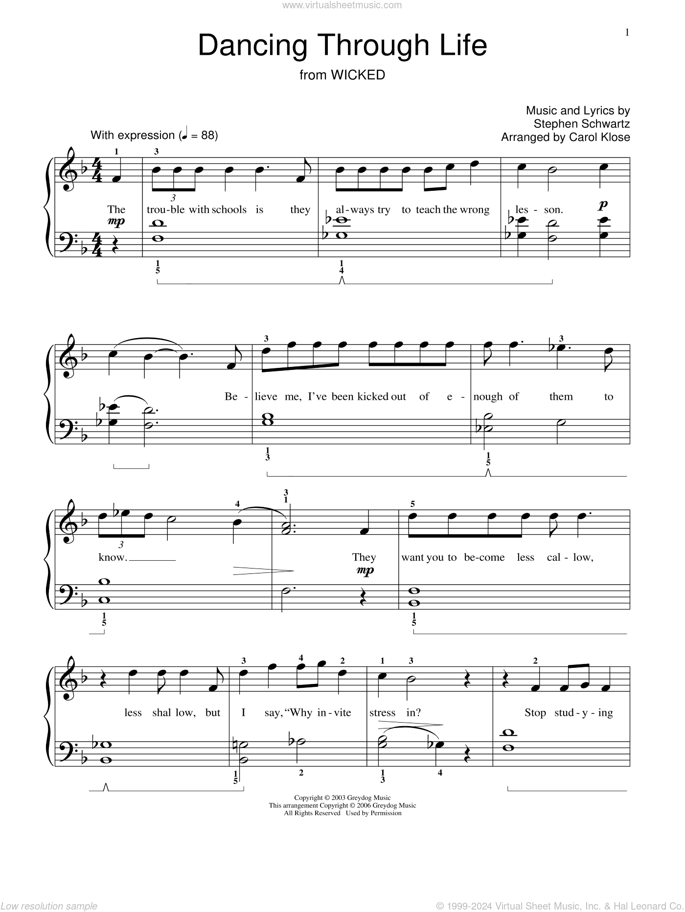 Dancing Through Life (from Wicked) sheet music (beginner) for piano ...