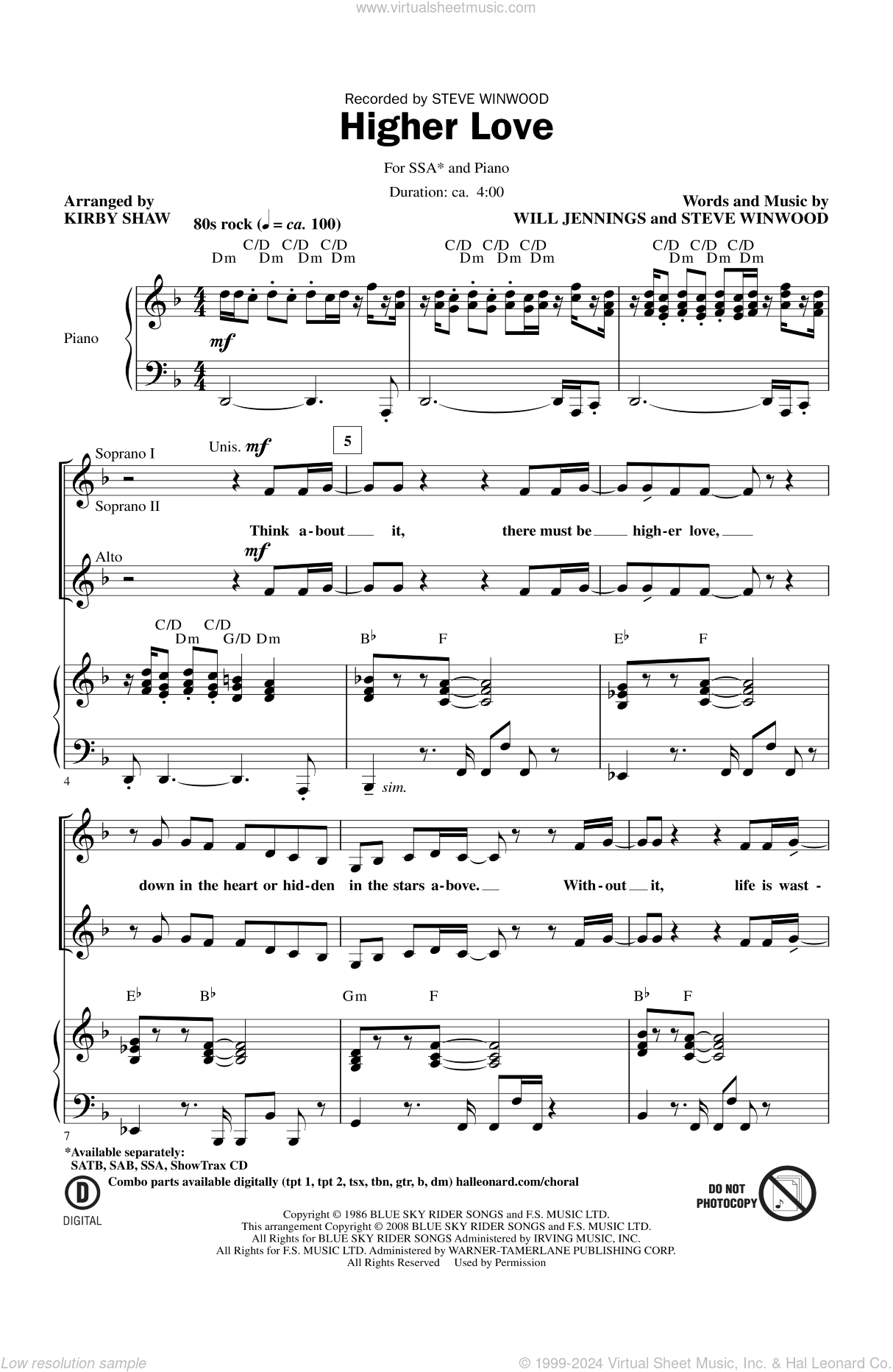 Higher Love sheet music for choir (SSA: soprano, alto) (PDF)