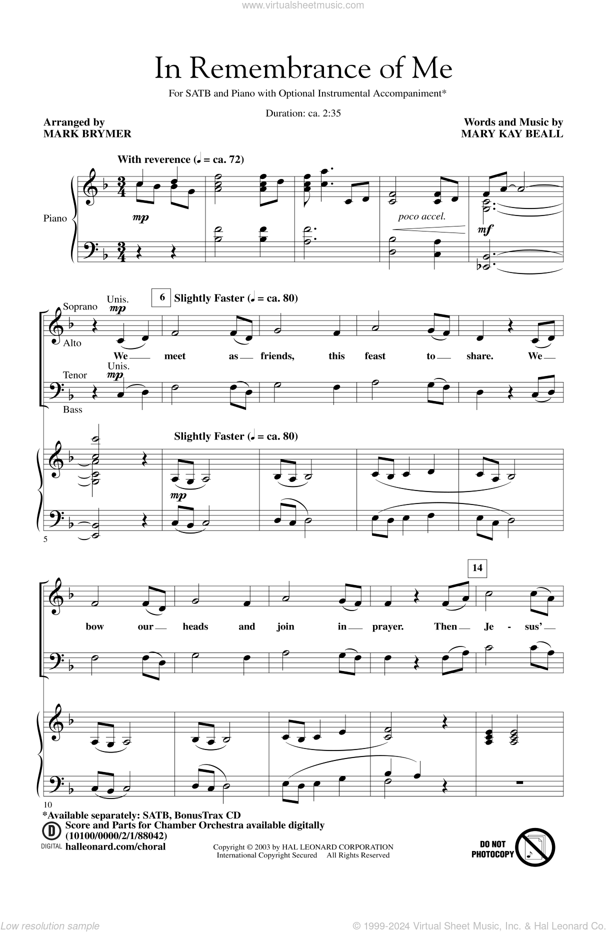 In Remembrance Of Me sheet music for choir (SATB: soprano, alto, tenor ...
