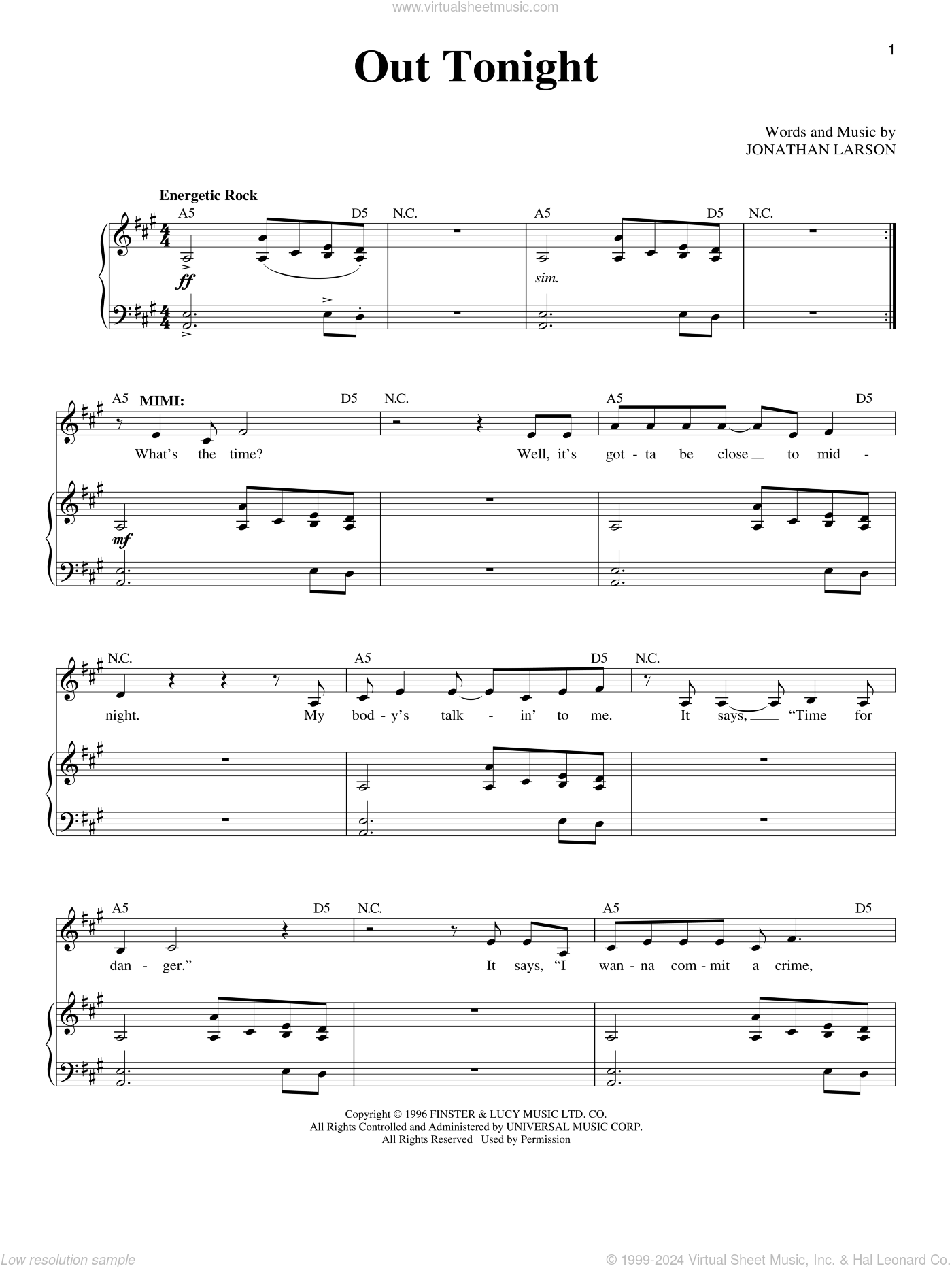 Out Tonight sheet music for voice and piano (PDF-interactive)