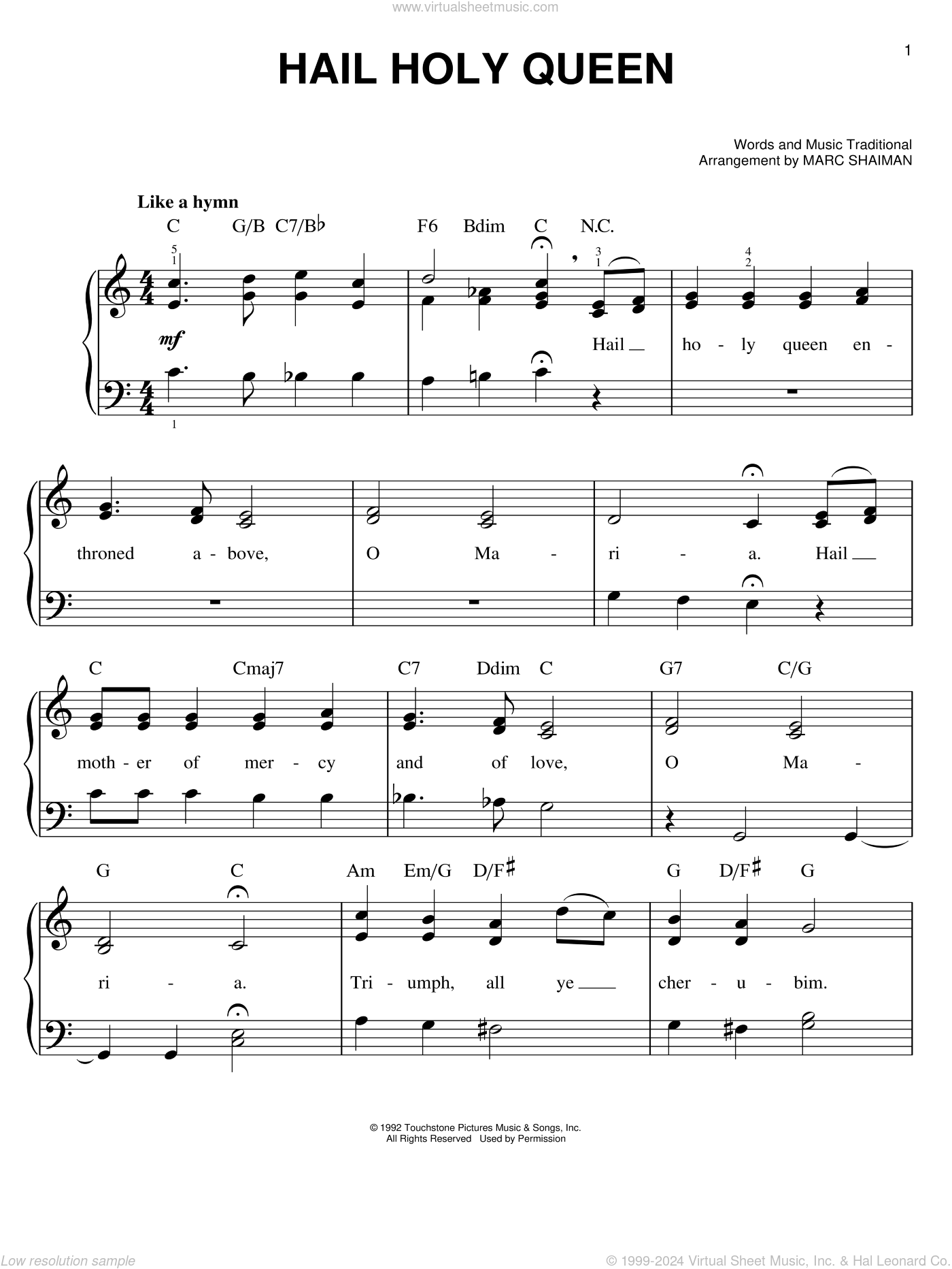 Hail Holy Queen sheet music for piano solo (PDF-interactive)