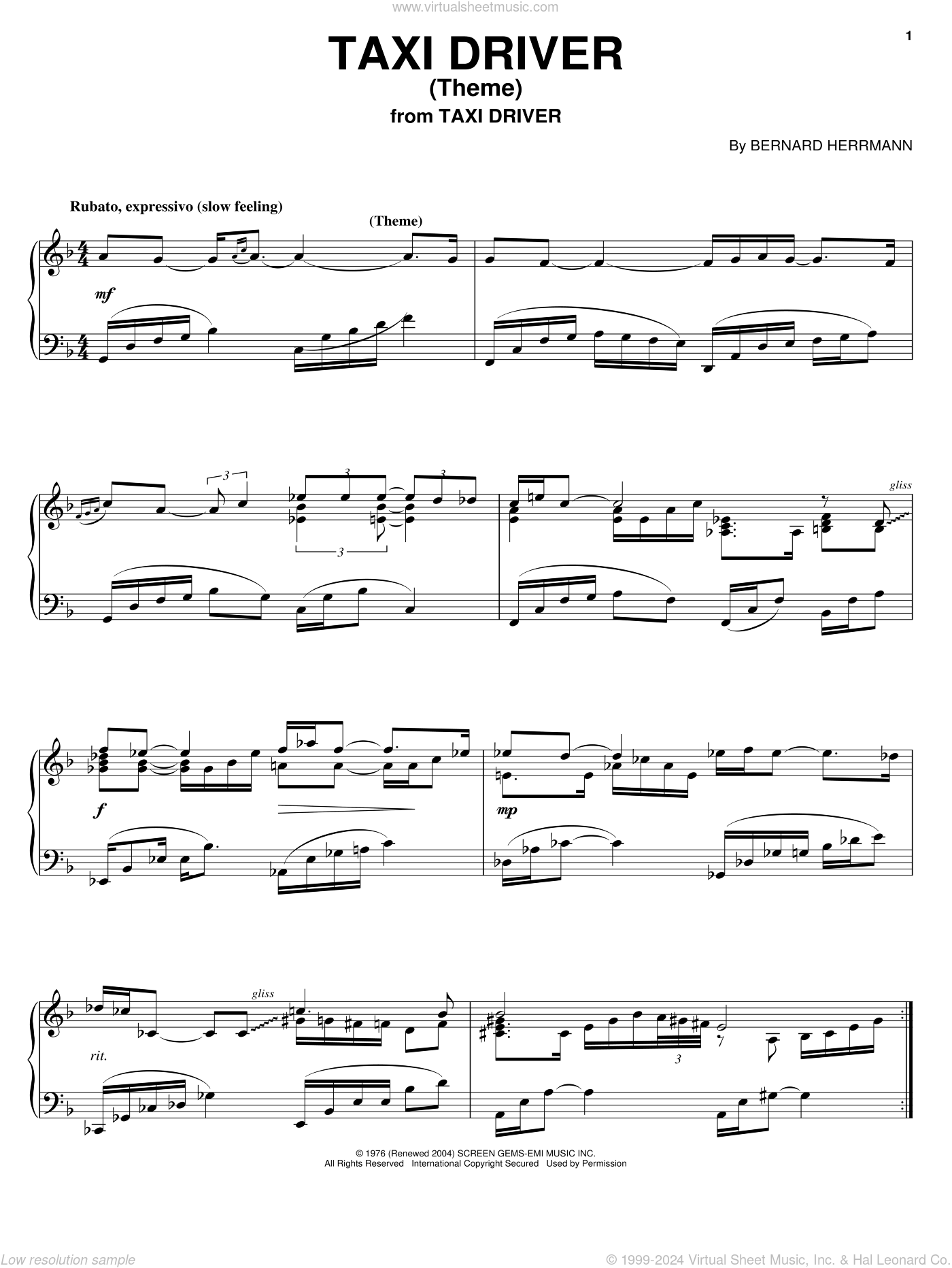Taxi Driver (Theme) sheet music for voice, piano or guitar (PDF)
