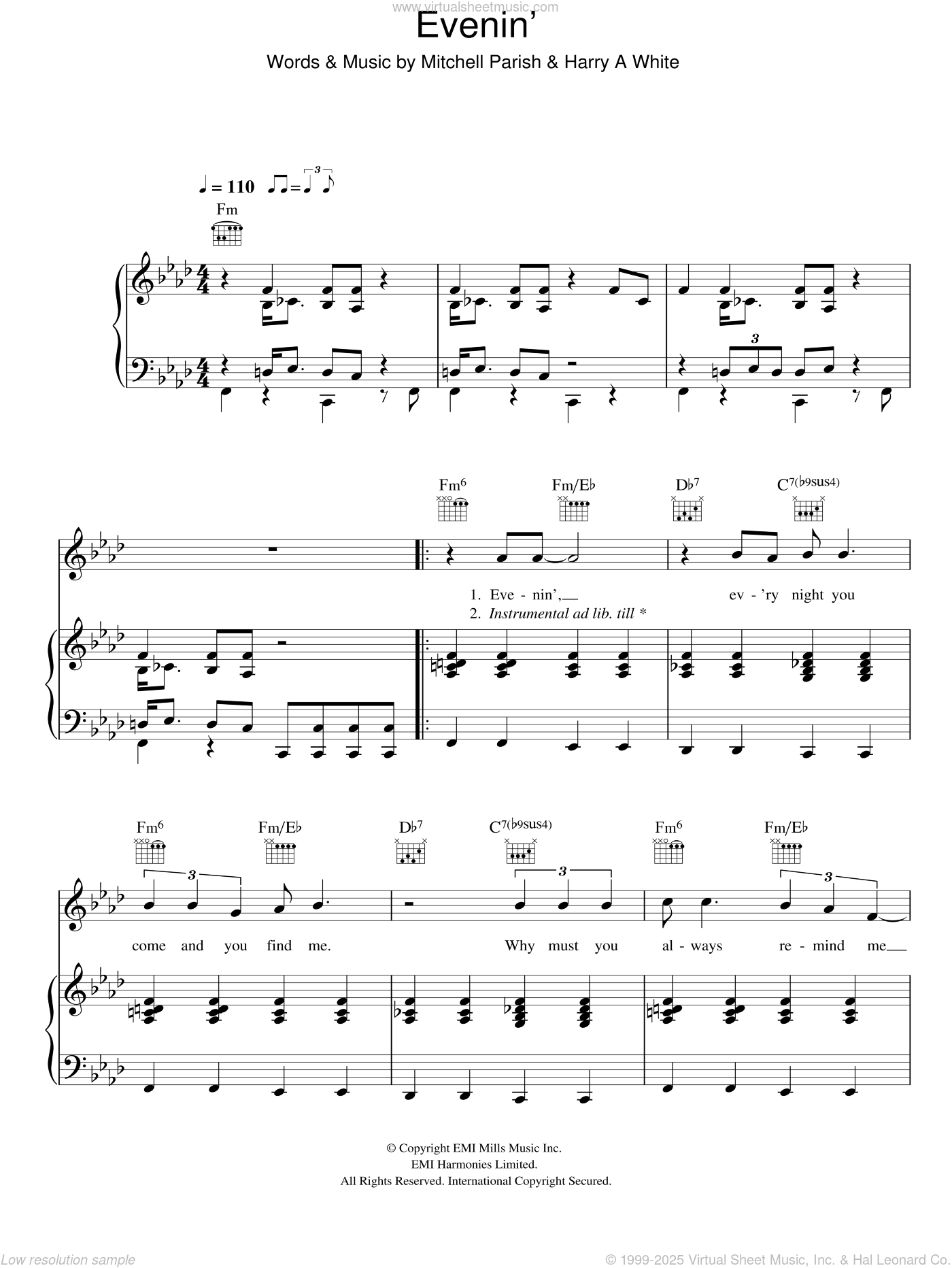 Evenin' sheet music for voice, piano or guitar (PDF-interactive)