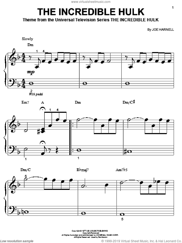 The Incredible Hulk sheet music for piano solo (big note book)