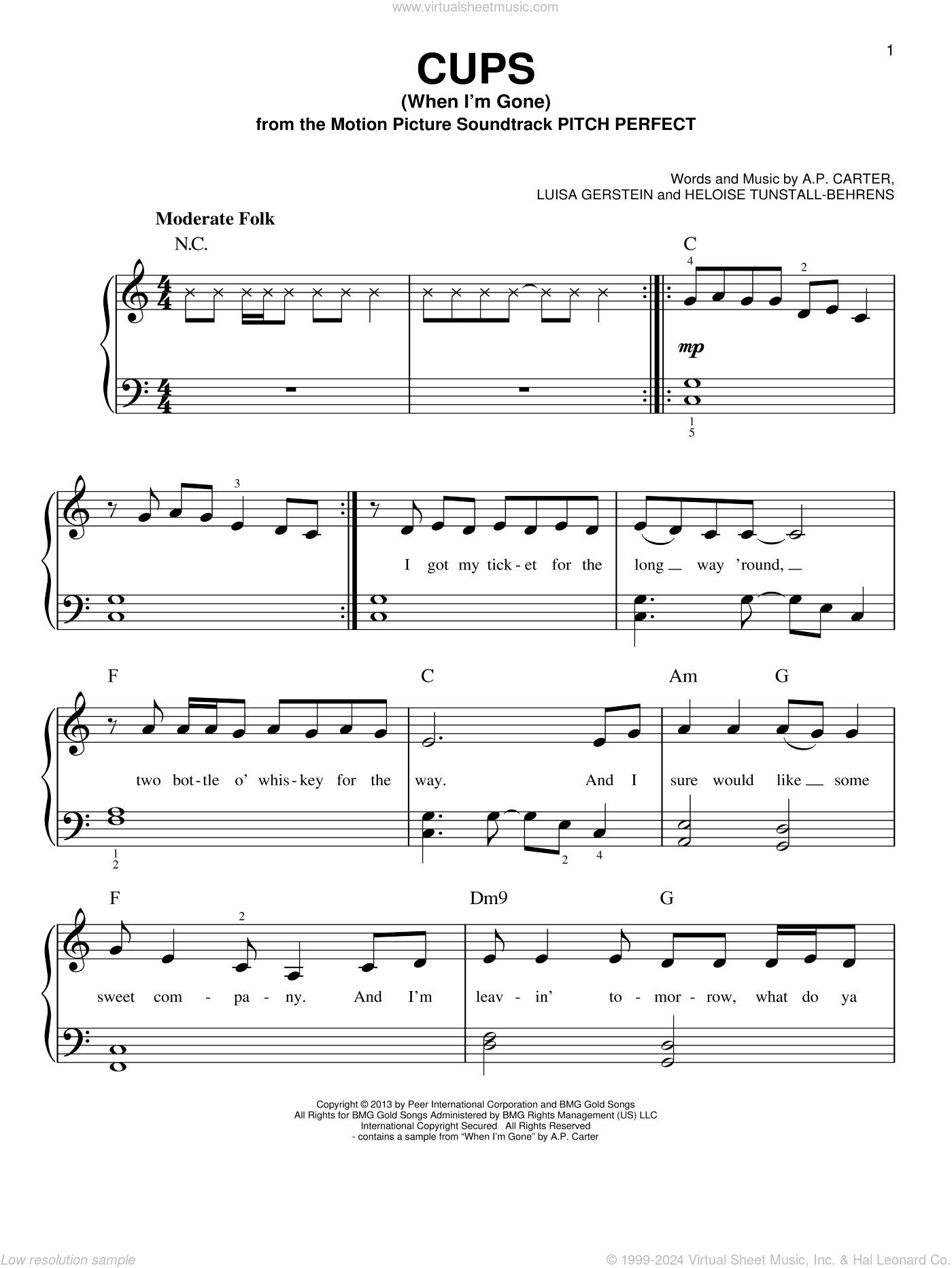 Cups (When I'm Gone) sheet music (beginner) for piano solo (PDF)