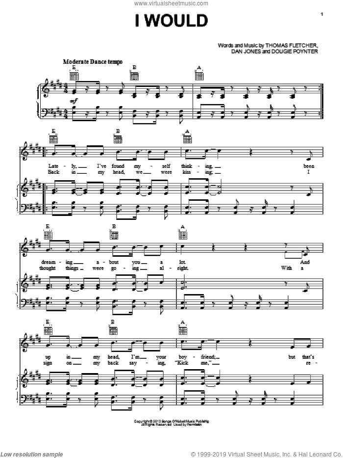 One Direction: I Would sheet music for voice, piano or guitar