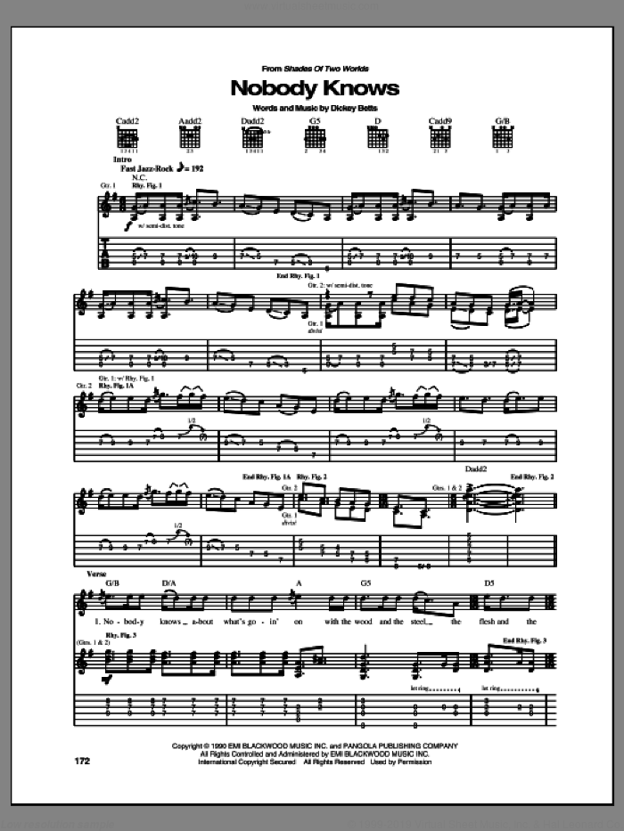 Nobody Knows sheet music for guitar (tablature) (PDF)