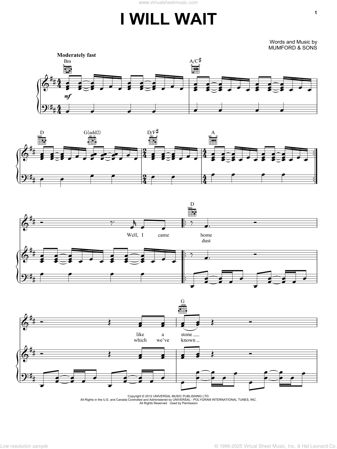 I Will Wait sheet music for voice, piano or guitar v2