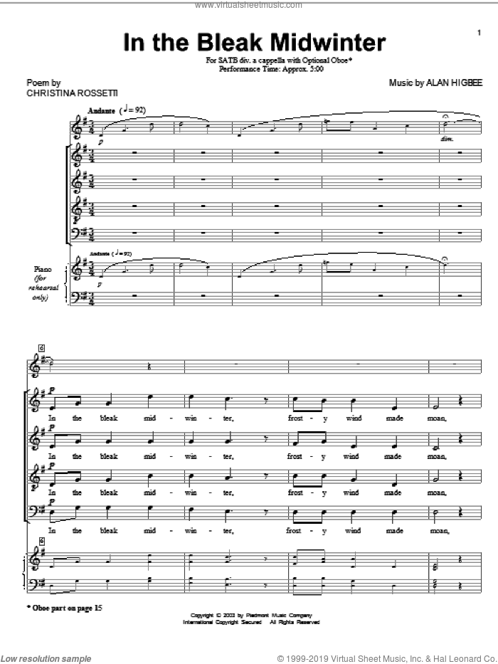 In The Bleak Midwinter sheet music for choir (SATB: soprano, alto ...