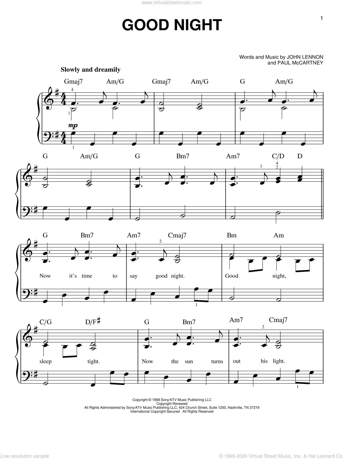 Good Night, (easy) sheet music for piano solo (PDF-interactive)