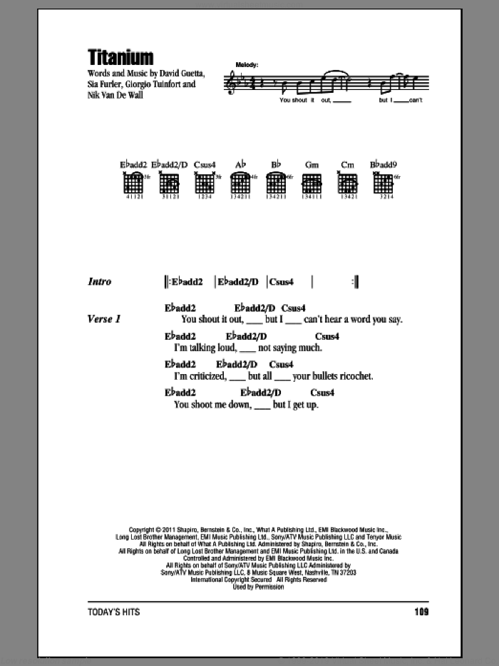 Titanium (feat. Sia) sheet music for guitar (chords) (PDF)