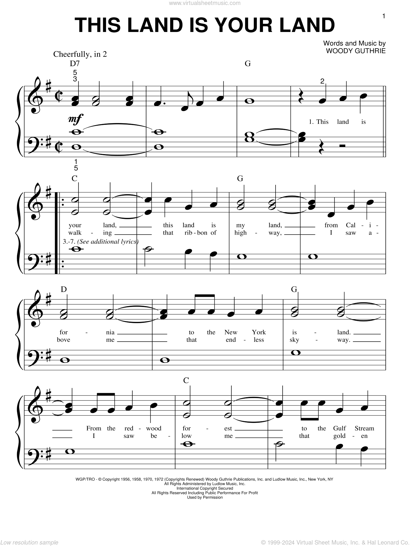 This Land Is Your Land sheet music (big note book, version 2) for piano ...