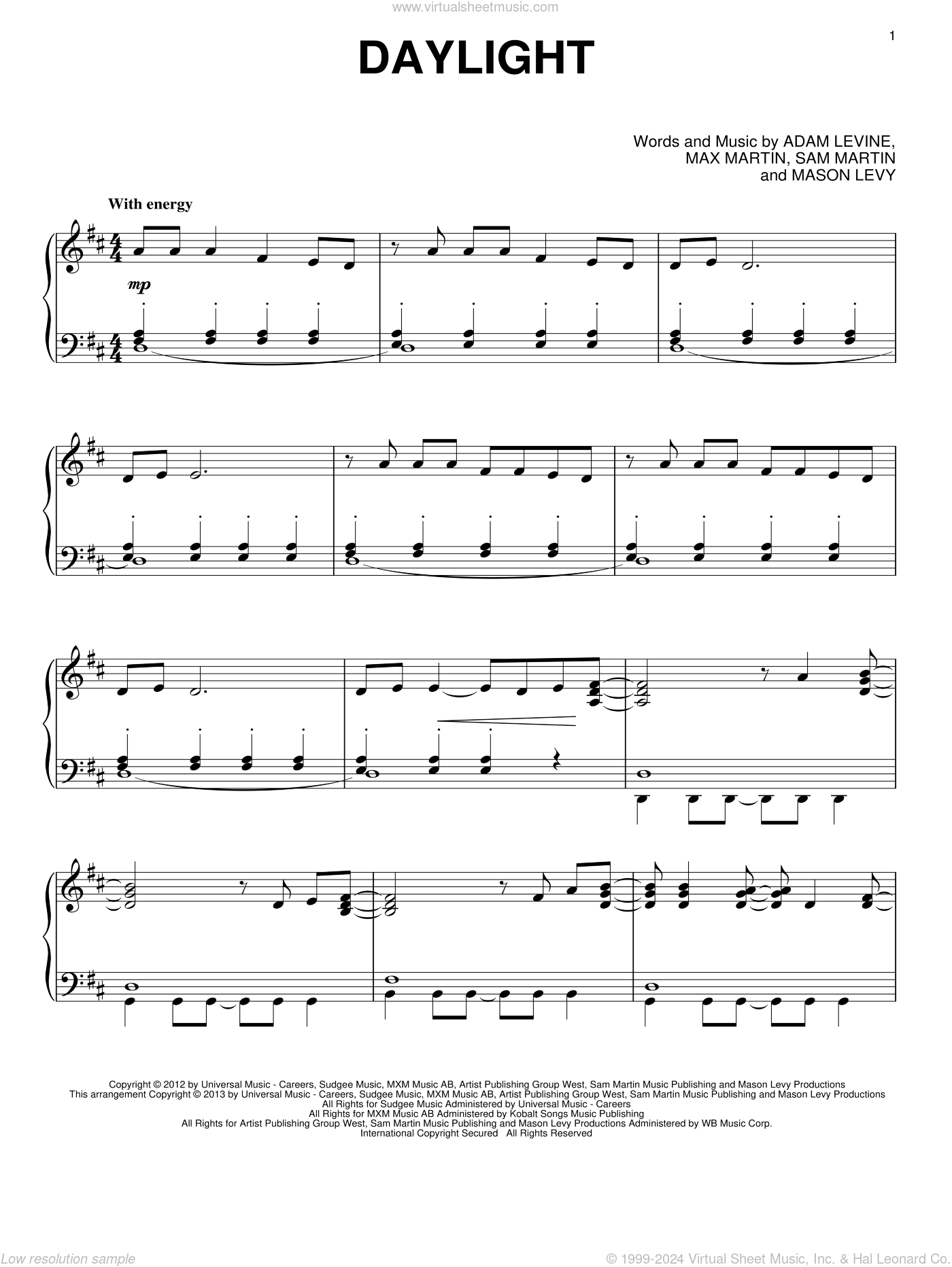Daylight, (intermediate) sheet music for piano solo (PDF)