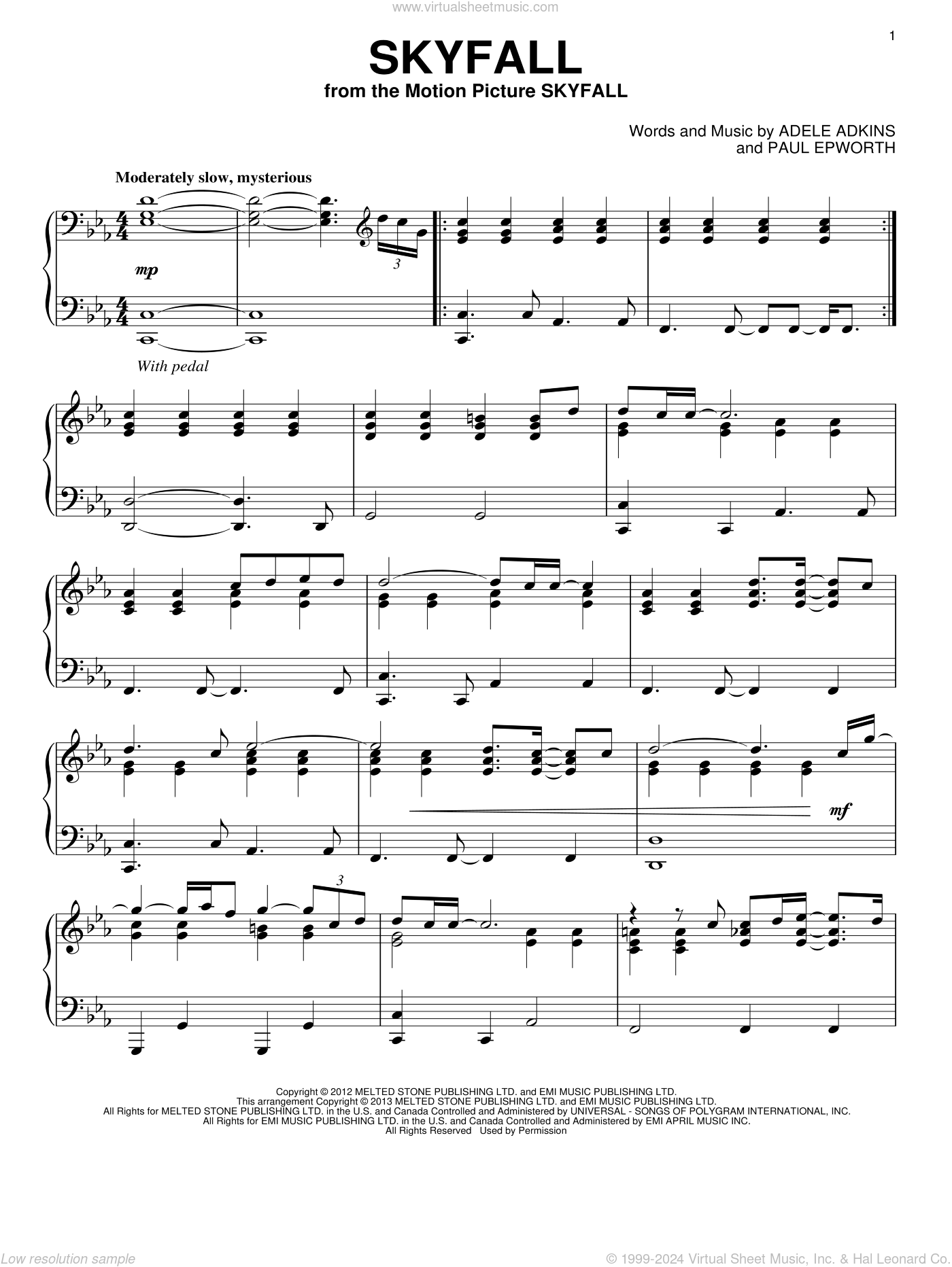 Skyfall, (intermediate) sheet music for piano solo (PDF)