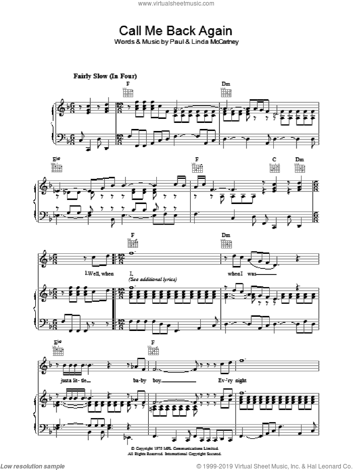 Call Me Back Again sheet music for voice, piano or guitar (PDF)